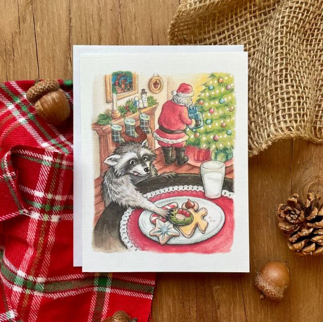 Aubree Sue Art Holiday Greeting Card - "Stealing Santa's Cookies" Racc